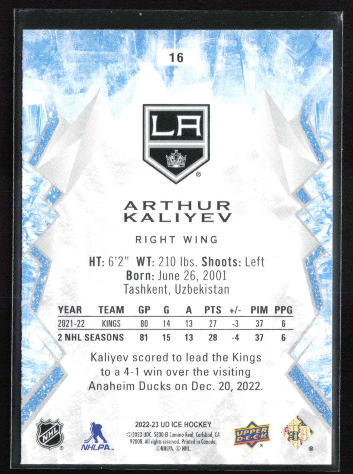 2022 Upper Deck Ice 16 Arthur Kaliyev – Dollar Box